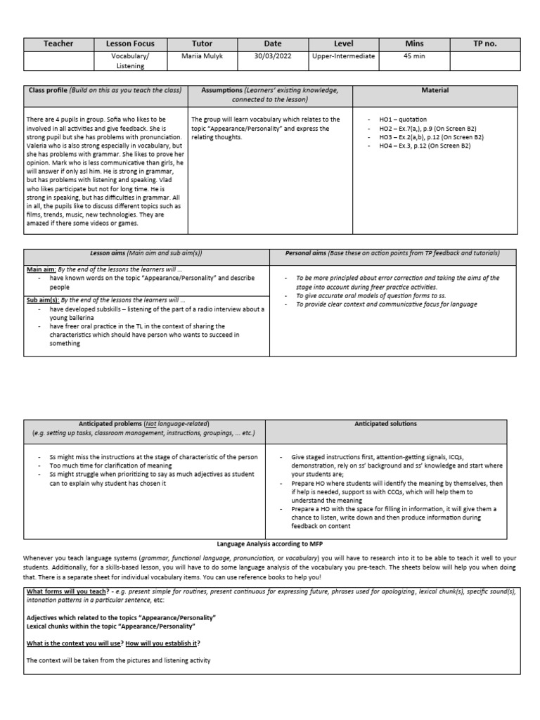 Lesson Plan | Download Free PDF | Word | Vocabulary