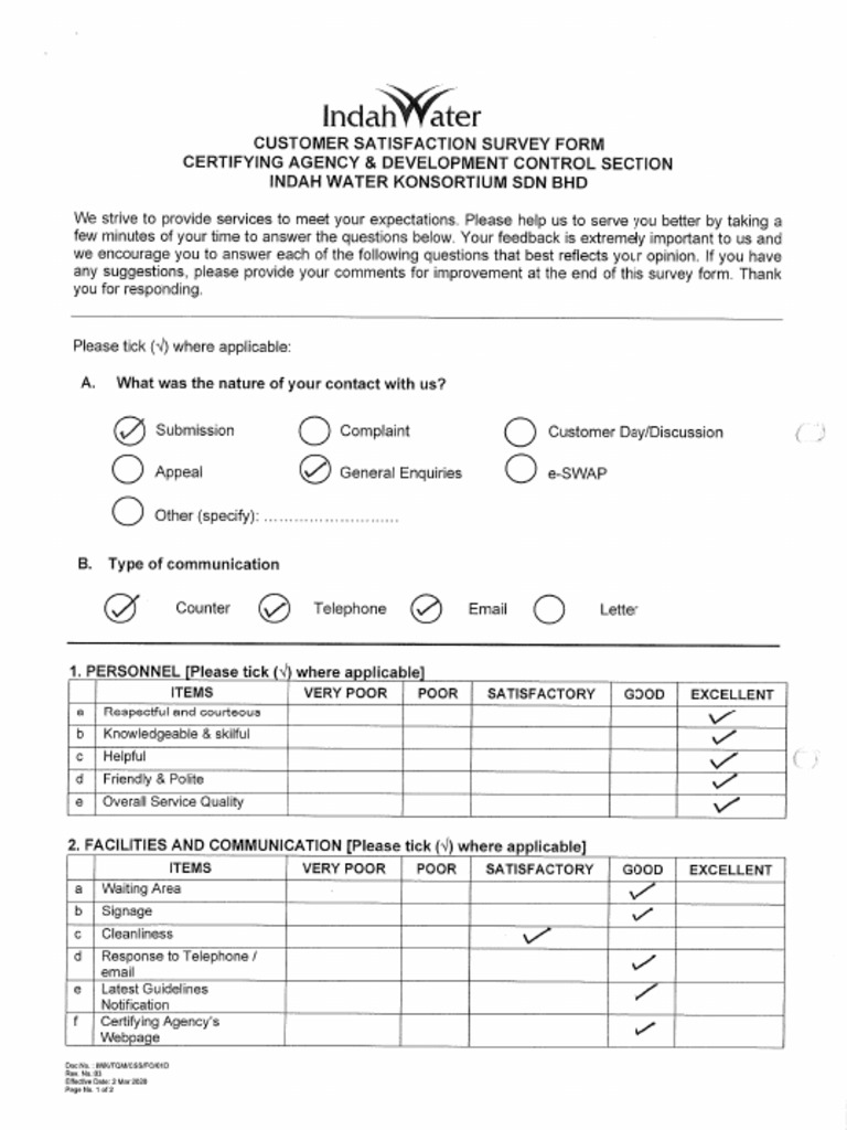 IWK Customer Satisfaction Survey Form | PDF
