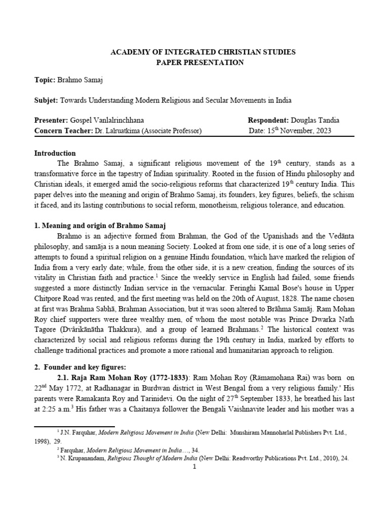 Brahmo Samaj Presentation MRSMI | PDF | Religious Faiths | Indian Religions