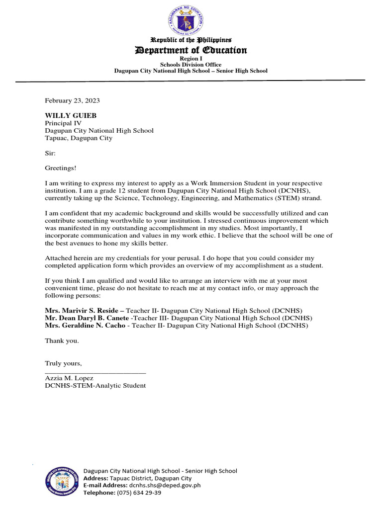 WORK IMMERSION APPLICATION LETTER Azzia | PDF