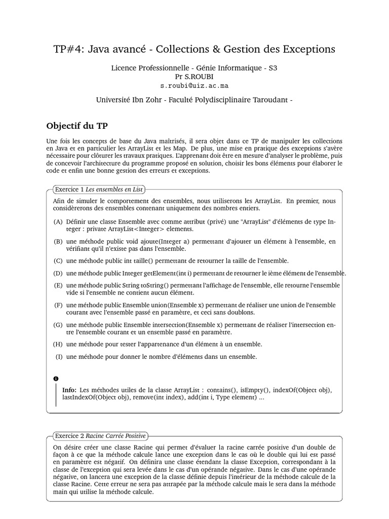 TP#4: Java Avancé - Collections & Gestion Des Exceptions | Download Free PDF | Java (Langage de ...