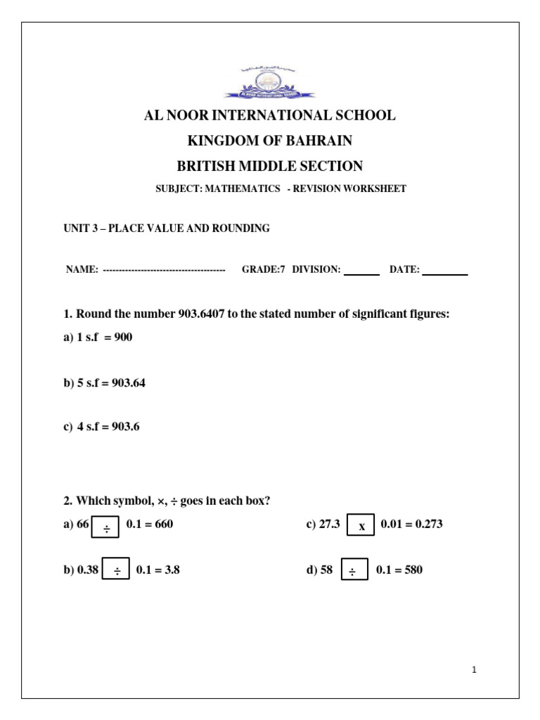 Unit - 3 - (Answer Key) - Place Value and Rounding - Revision Worksheet ...