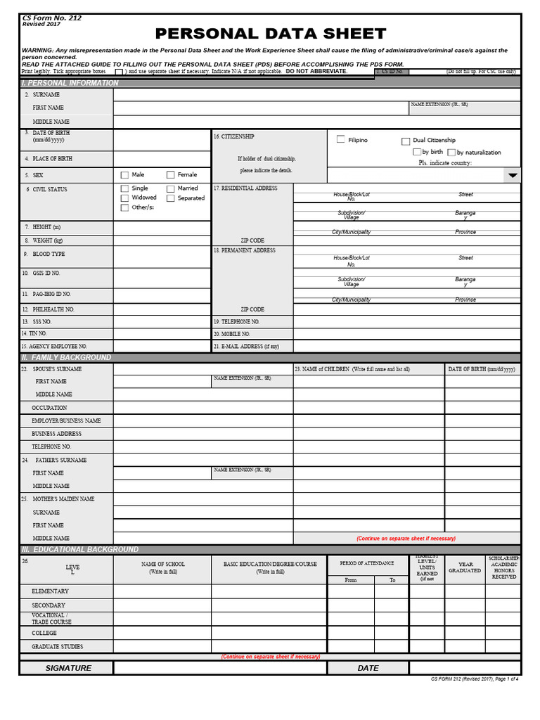 Personal Data Sheet CS Form No. 212 Revised 2017 1 | PDF | Government ...