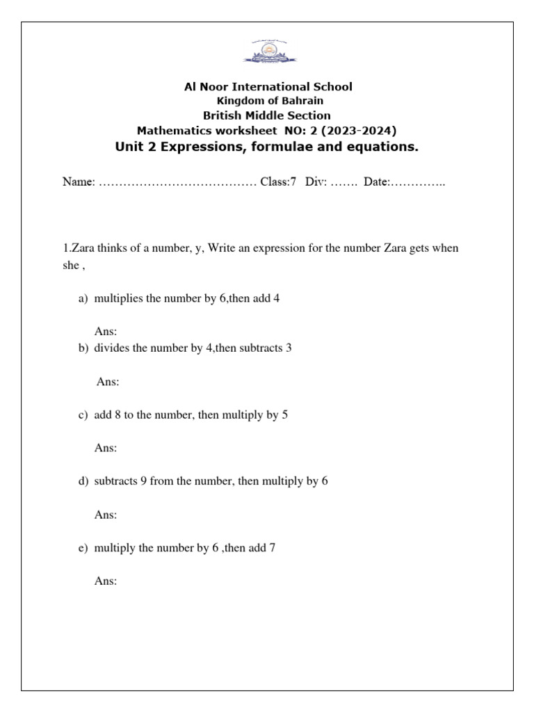 UNIT 2 Questions Expressions, Formulae and Equations (Revision Work ...