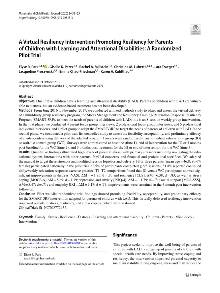 A Virtual Resiliency Intervention Promoting Resiliency For Parents | PDF | Psychological ...