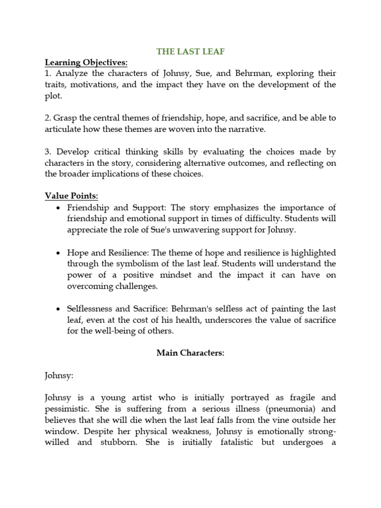 The Last Leaf (Notebook Work) | PDF | Hope | Psychological Resilience