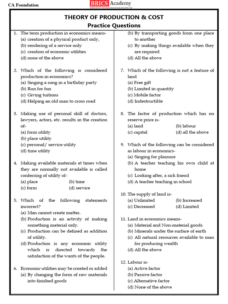 09-06-2023 Theory of Production & Cost MCQ's | PDF | Capital (Economics) | Production Function