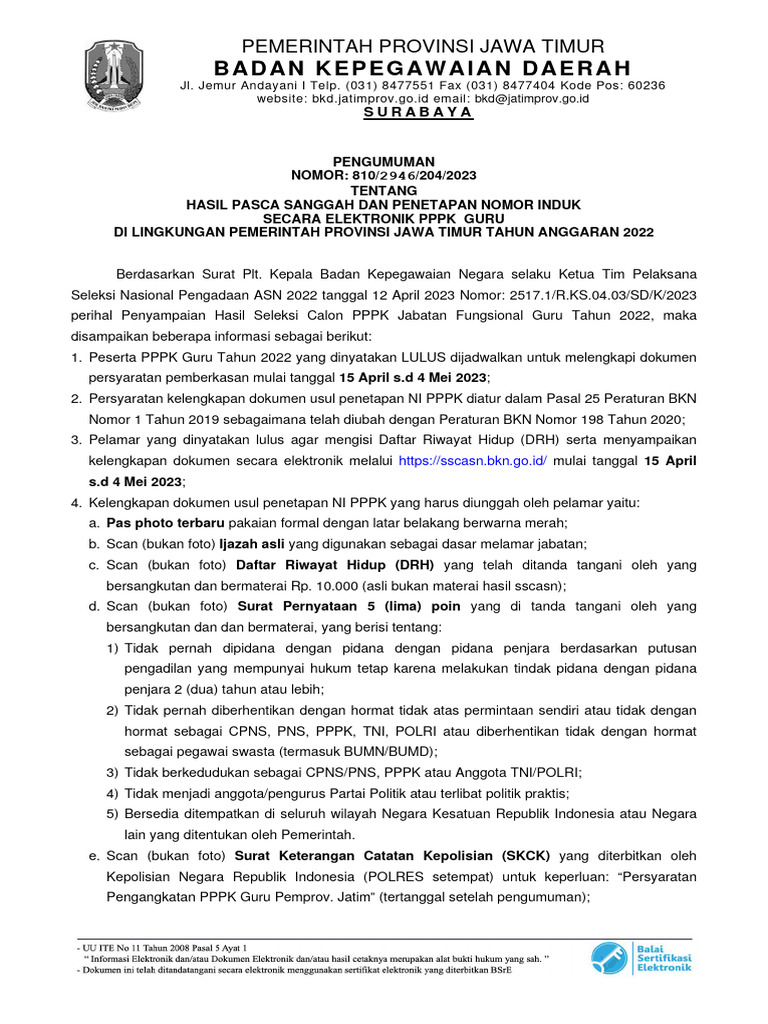 Pengumuman Pasca Sanggah Dan Penetapan NIP PPPK Guru Tahun 2022 - Sign (1) - Sig | PDF