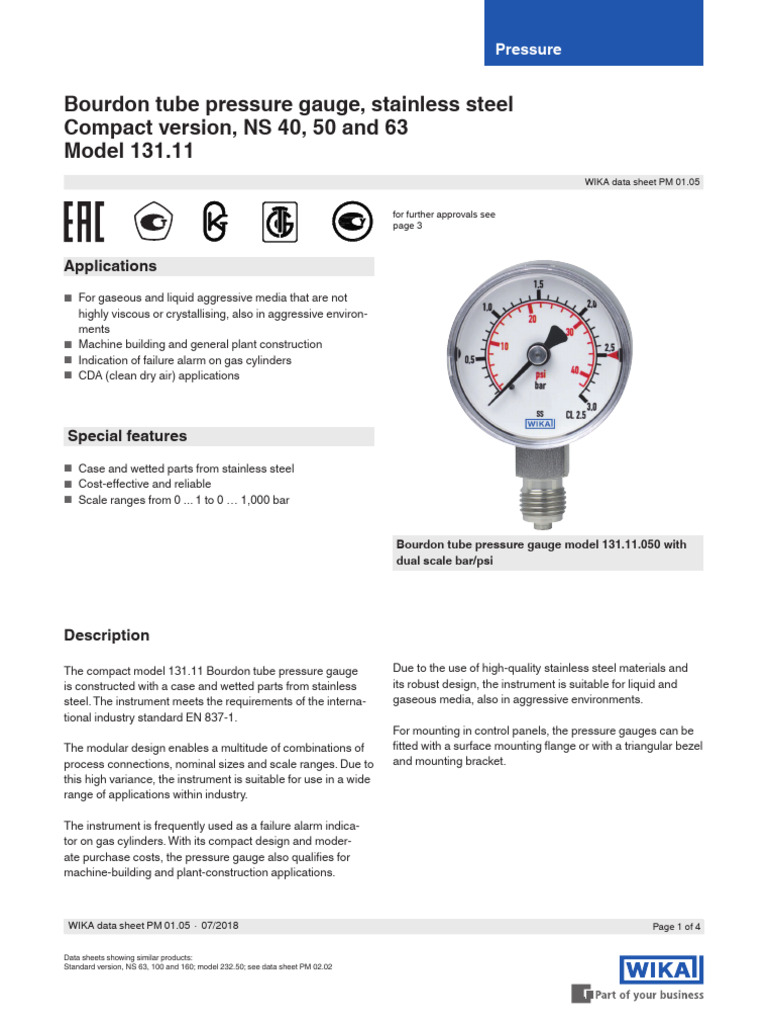Bourdon Tube Pressure Gauge, Stainless Steel Compact Version, NS 40, 50 ...