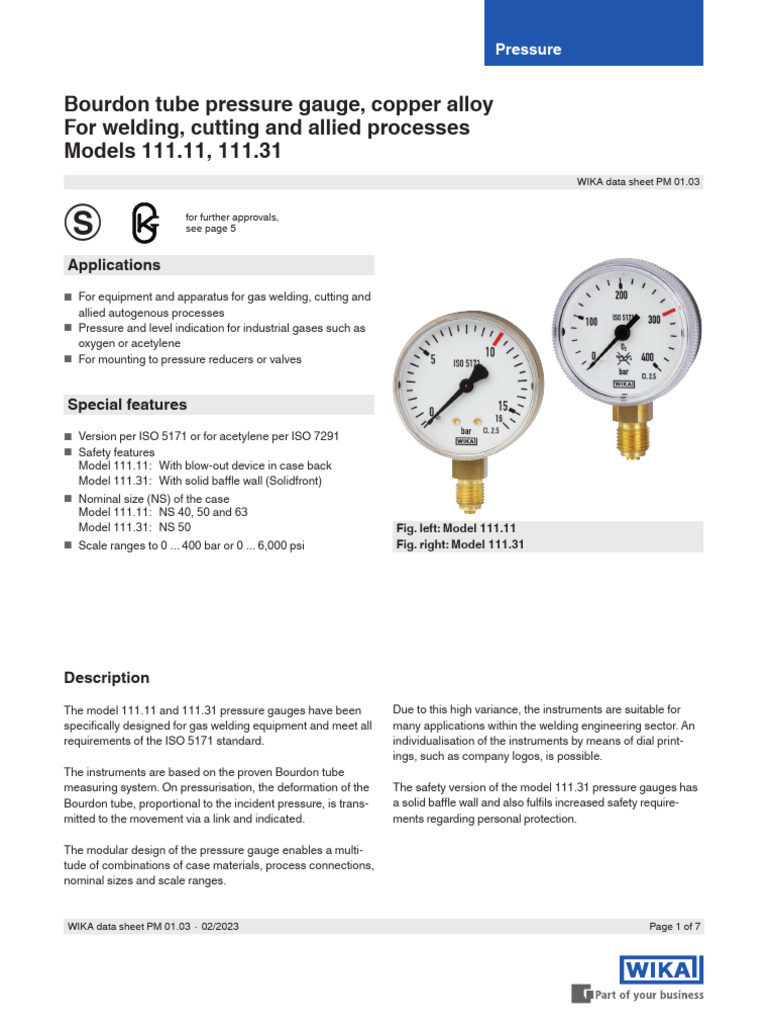 Bourdon Tube Pressure Gauge, Copper Alloy For Welding, Cutting and Allied Processes Models 111. ...
