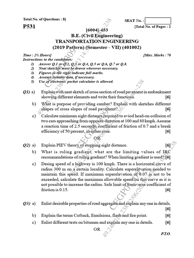 Sppu Transportation Endsem Questions Paper May - Jun - 2023 | PDF | Road Surface | Bridge