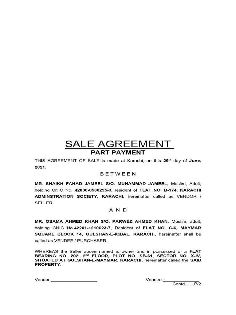 SALE AGREEMENT Part Payment | PDF | Affidavit | Property Law