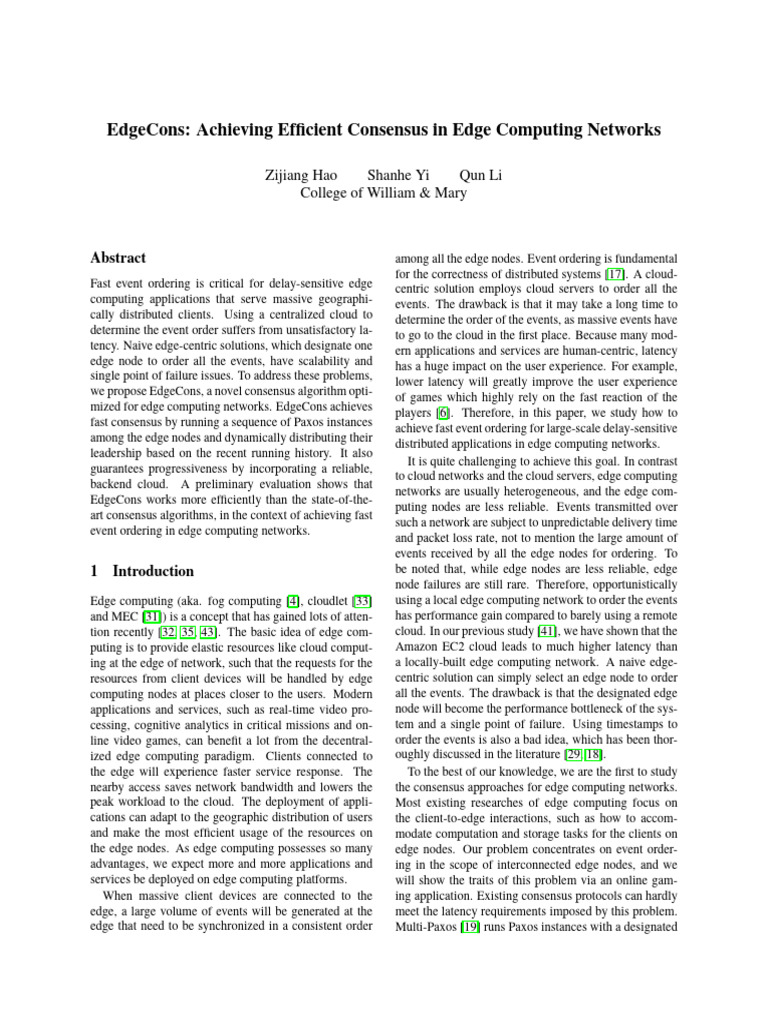 EdgeCons Achieving Efficient Consensus in Edge Computing Networks | PDF | Computer Network ...