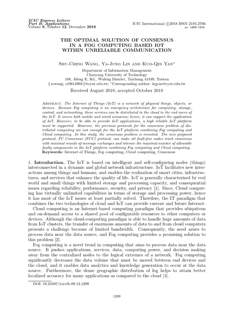 The Optimal Solution of Consensus in A Fog Computing Based Iot Within Unreliable Communication ...