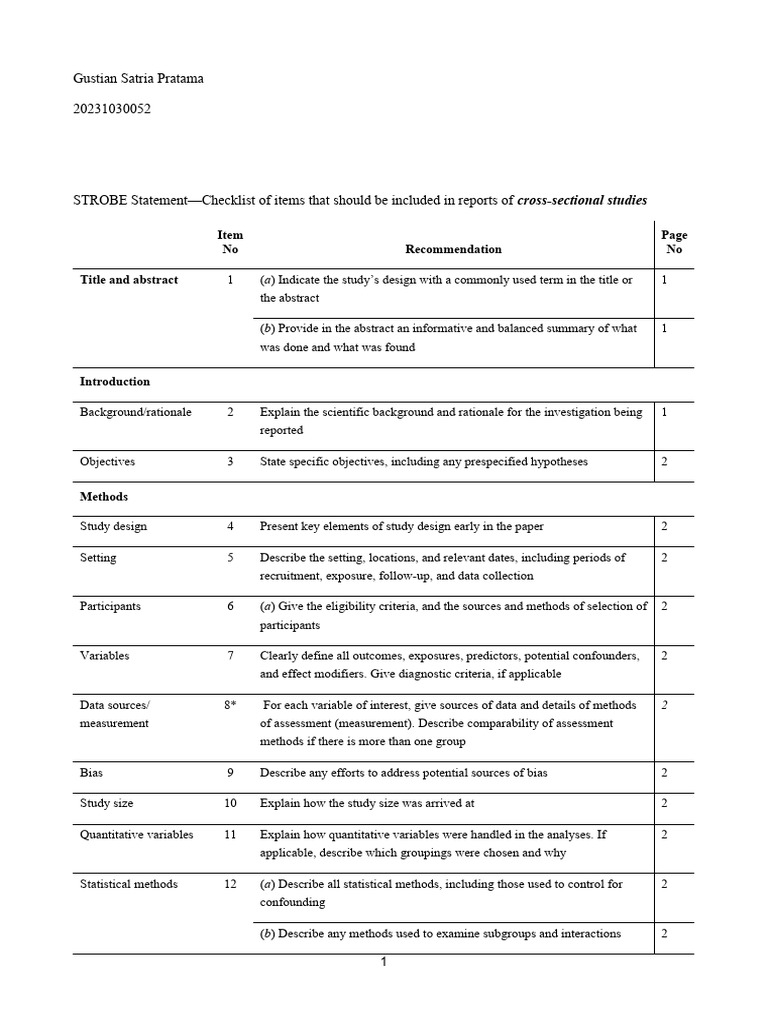STROBE Checklist Cross-Sectional Gustian Satria Pratama 20231030052 ... STROBE Checklist Cross-Sectional Gustian Satria Pratama 20231030052 ...