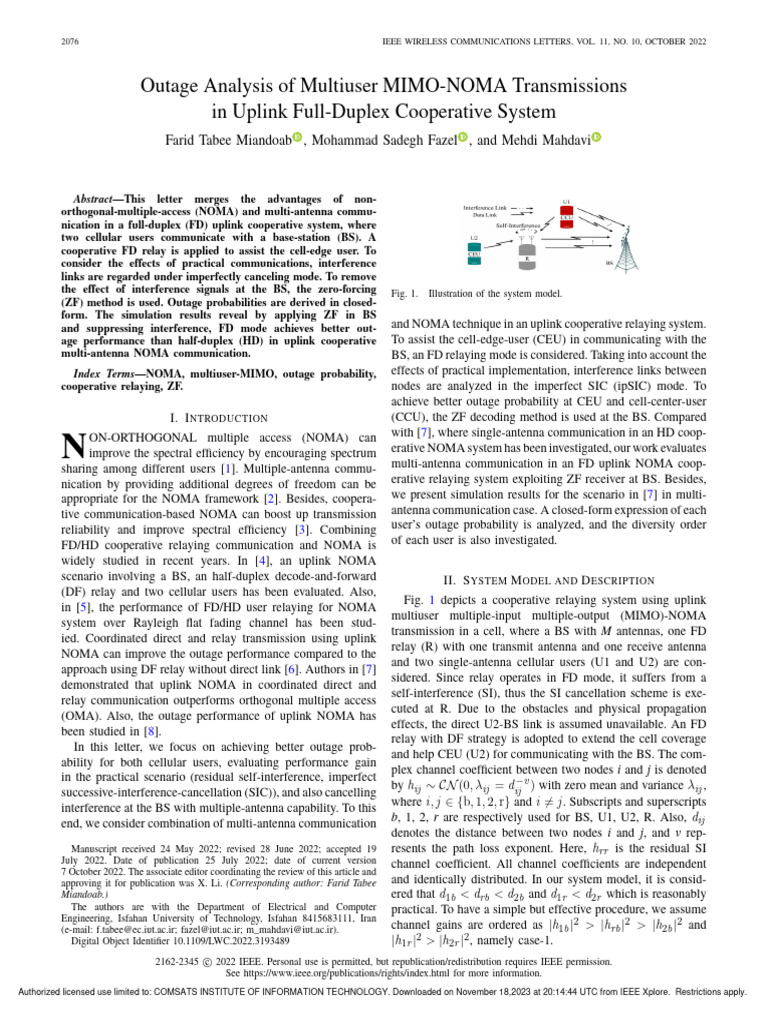 Outage Analysis of Multiuser MIMO-NOMA Transmissions in Uplink Full-Duplex Cooperative System ...