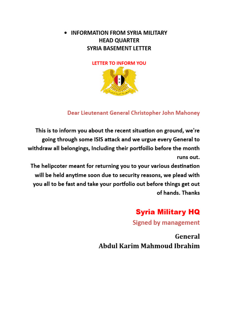 Information From Syria Military: Dear Lieutenant General Christopher ...