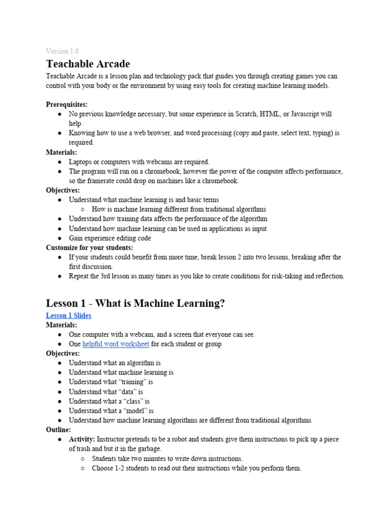 Teachable Arcade Lesson Plan | PDF | Machine Learning | Learning