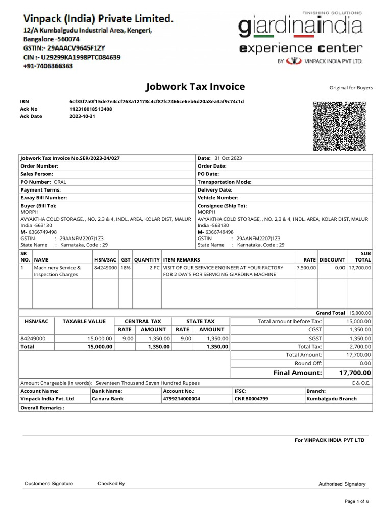 Machinery Service Tax Invoice | PDF | Invoice | Business