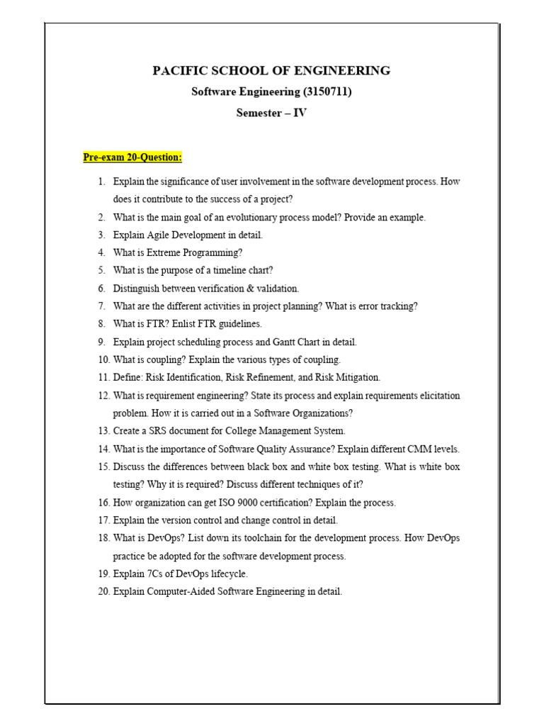 Pre Exam (Questions) | PDF