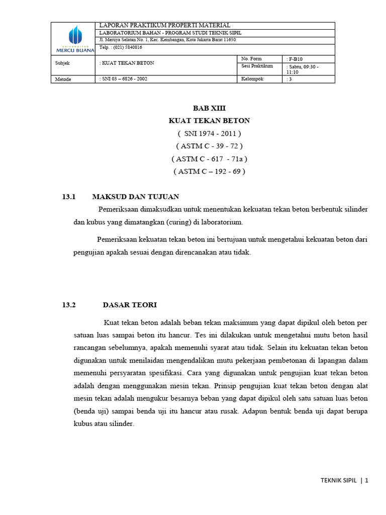 BAB 13 Pemeriksaan Kekuatan Tekan Beton (Revisi II) | PDF