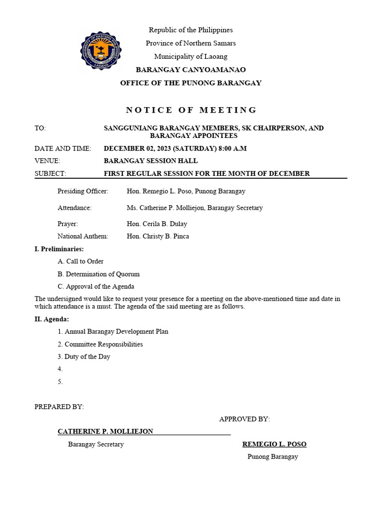 Barangay Regular Session Notice | PDF
