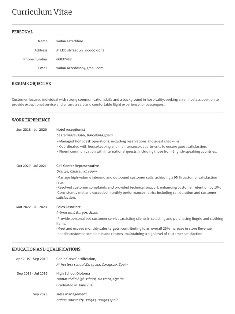 CV Wafaa Azzeddine #1-3 | PDF | Flight Attendant | Customer Satisfaction