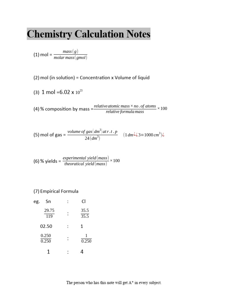 Chemistry Calculations Notes | PDF