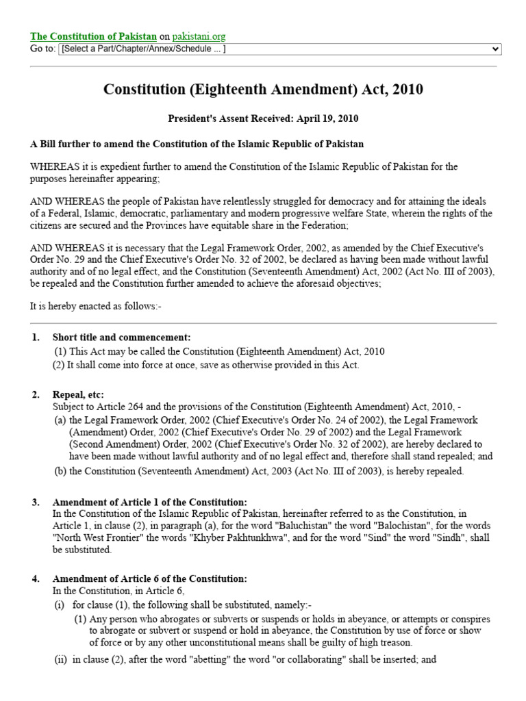 Pakistan Constitution Eighteenth Amendment | PDF | Parliament Of ...