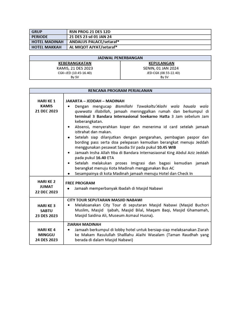 Itinerary Program 12D 21 DEC 2023 | PDF