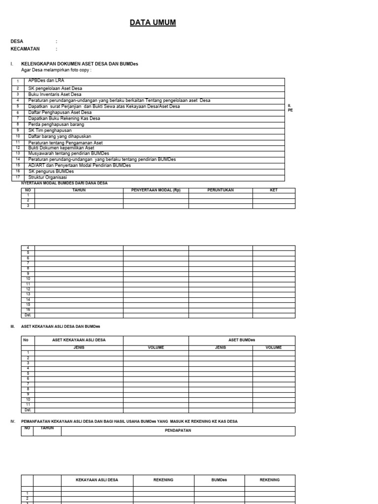 Formatdata Umum Aset Desa & BUMDes | PDF