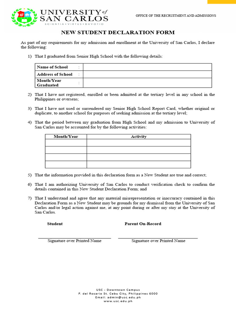 Declaration As A New Student 20232024 1 | PDF