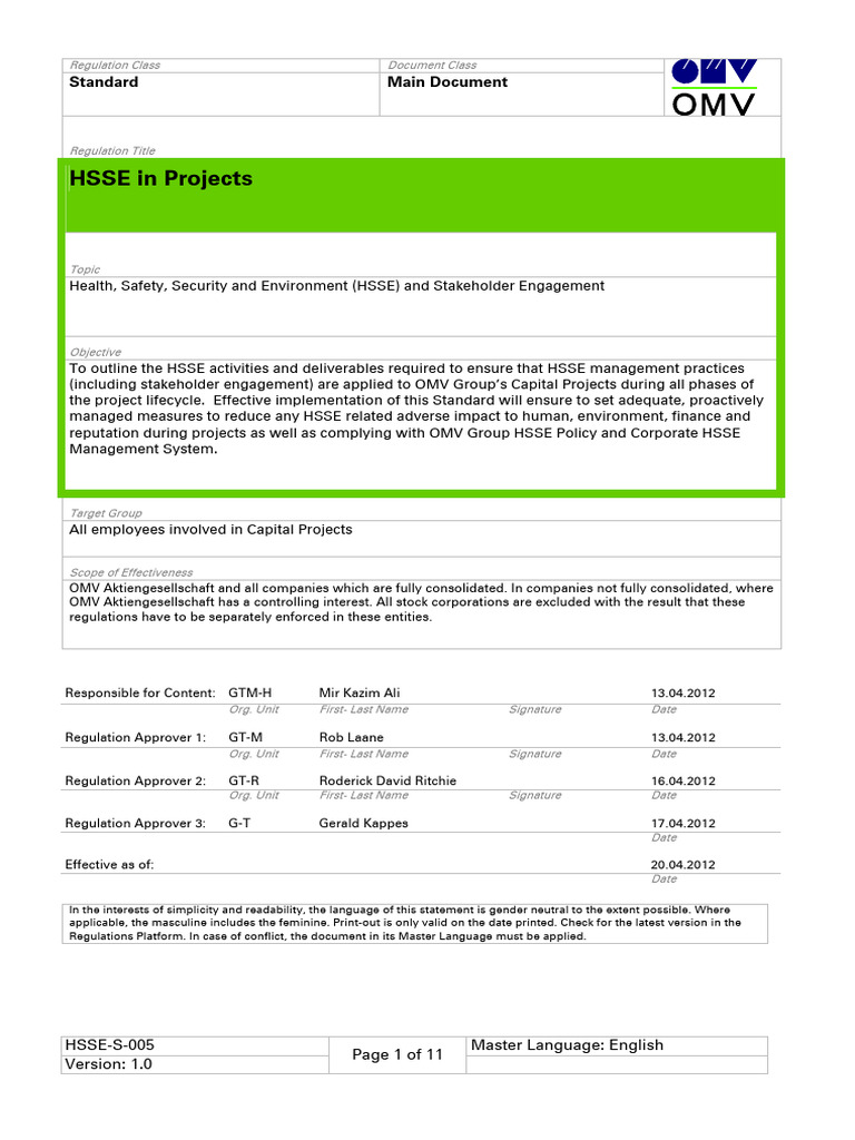 HSSE-S-005 - HSSE in Projects | PDF | Project Management | Risk