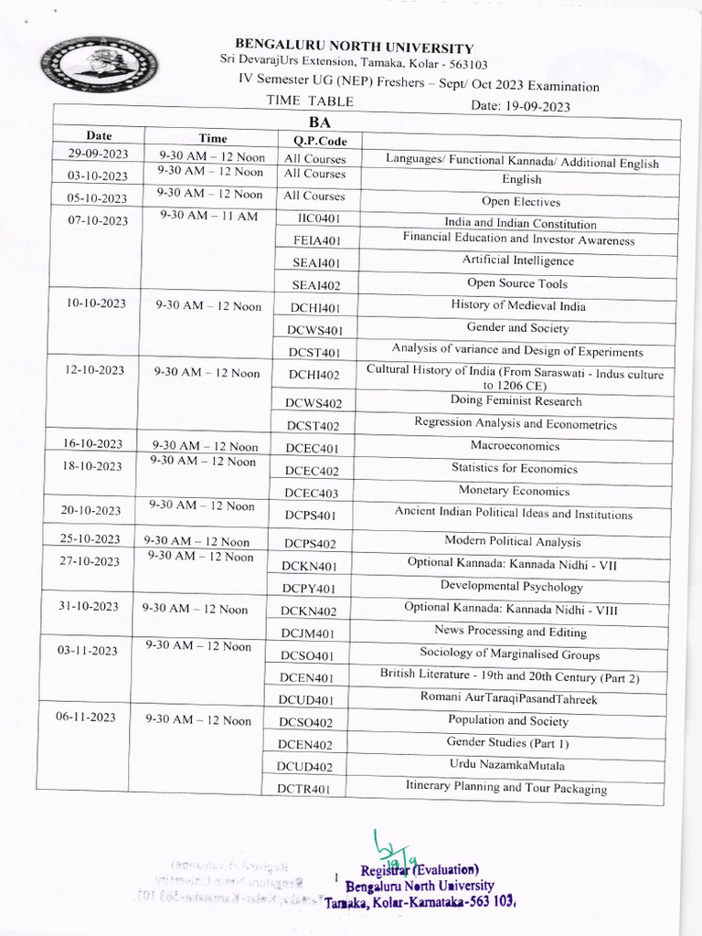 NEP 4th Semester Exam Time Table | PDF