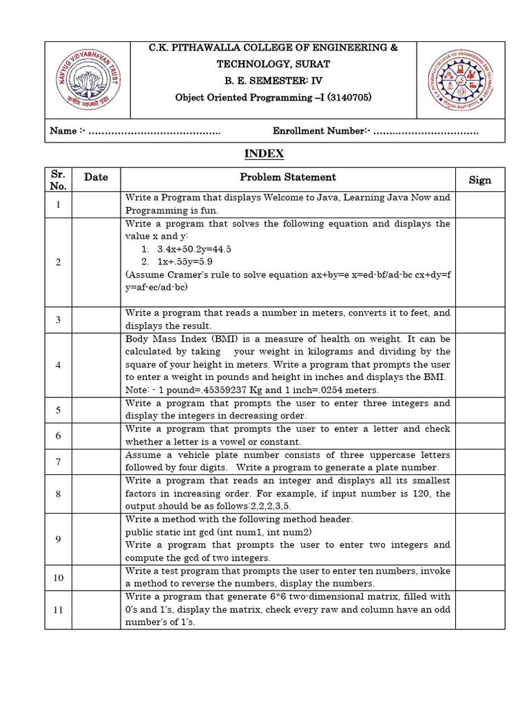 OOP1 Practical Index 2022-23 | PDF | Computer Program | Programming