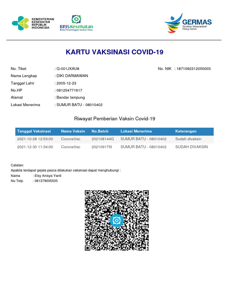 Kartu Vaksinasi COVID-19 Diki Darmawan | PDF