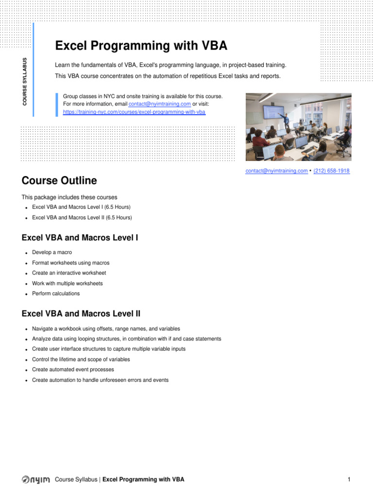 NYC Excel VBA Training Course Outline | PDF | Art | Computers