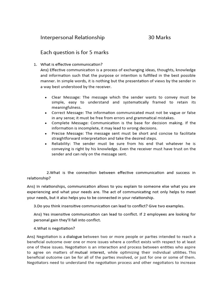Interpersonal Relationship-Questions | PDF | Negotiation | Communication