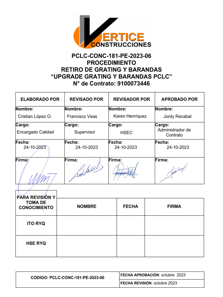 PCLC-CONC-181-PE-2023-06 Retiro de Grattings y Barandas Rev 6 | PDF ...