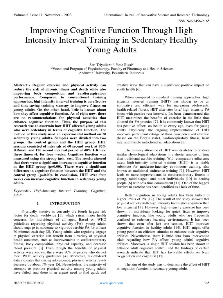 Improving Cognitive Function Through High Intensity Interval Training in Sedentary Healthy Young ...