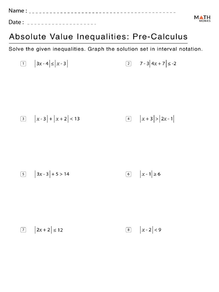 Precalculus Absolute Value Inequalities Worksheet | PDF