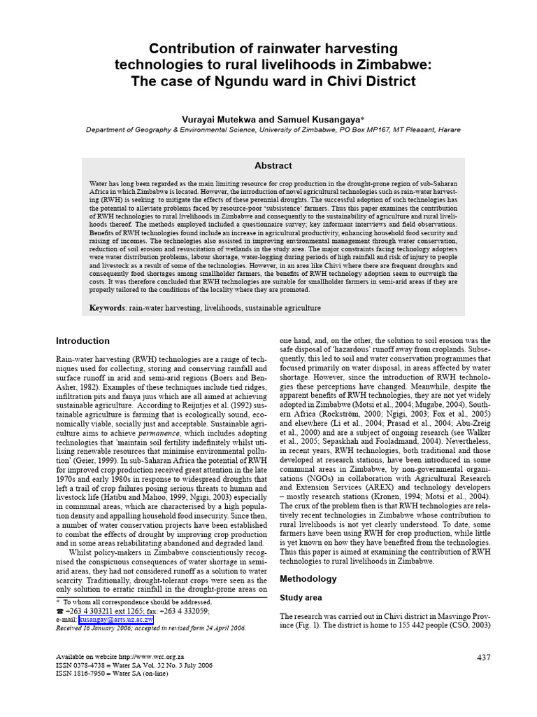 Contribution of Rainwater Harvesting Technologies To Rural Livelihoods in Zimbabwe: The Case of ...