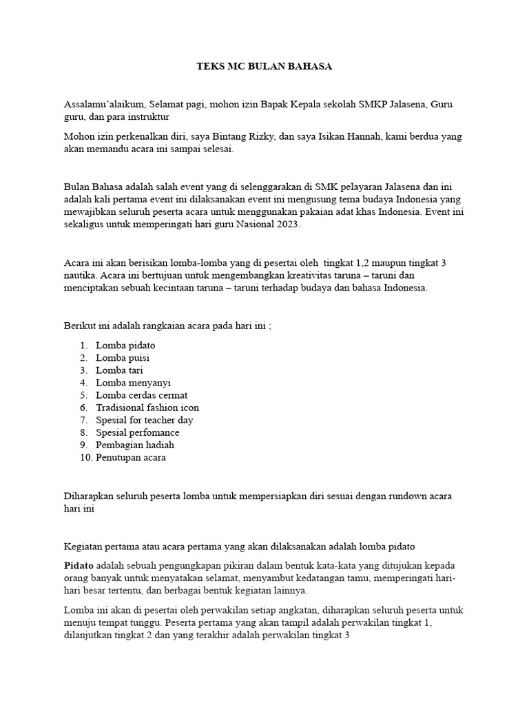Teks MC Bulan Bahasa | PDF | Seni