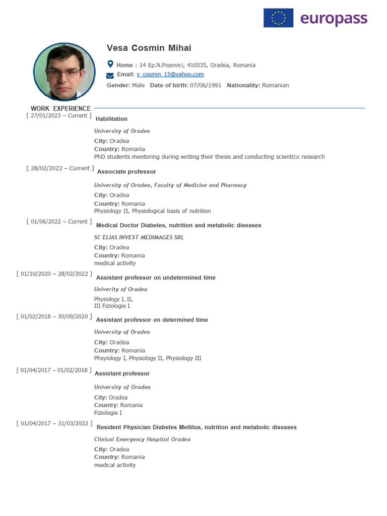 Vesa Cosmin CV Engleza | PDF | Doctor Of Medicine | Diabetes