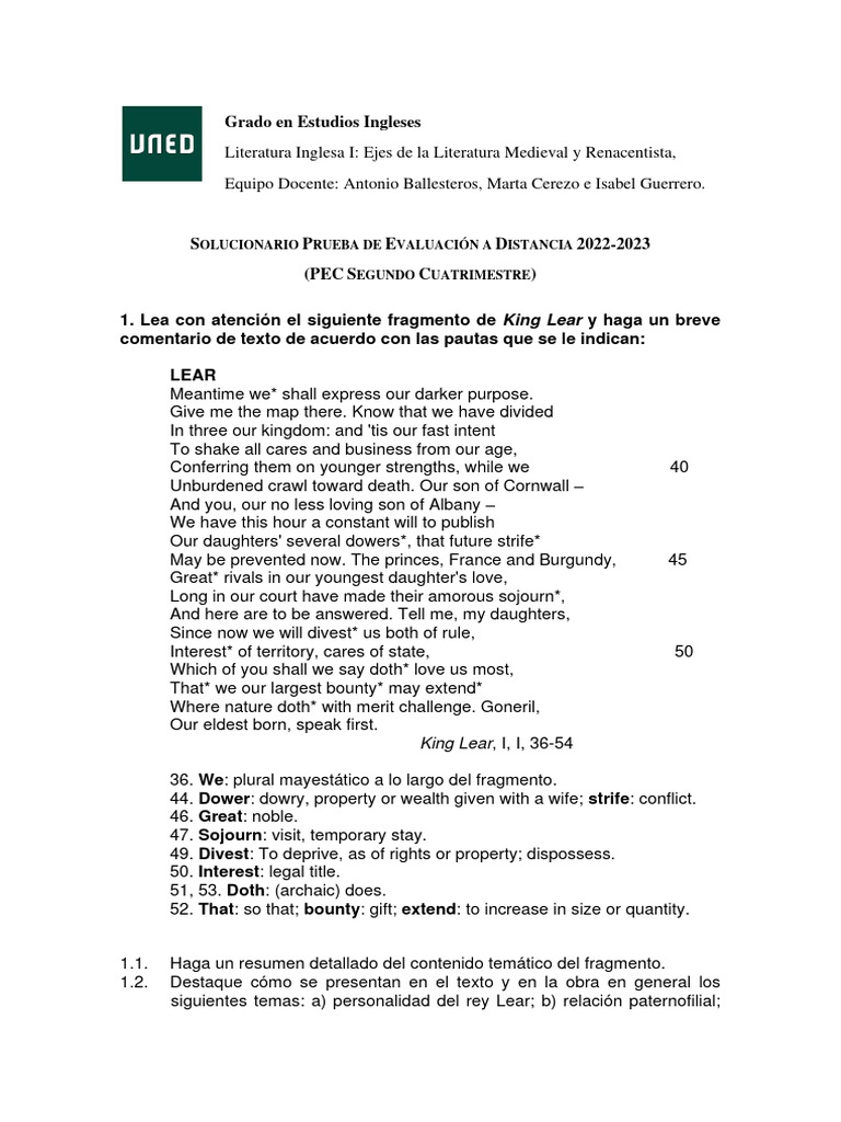 Solucionario PEC - 2 - EJES - 2022 - 23 | PDF | Rey Lear