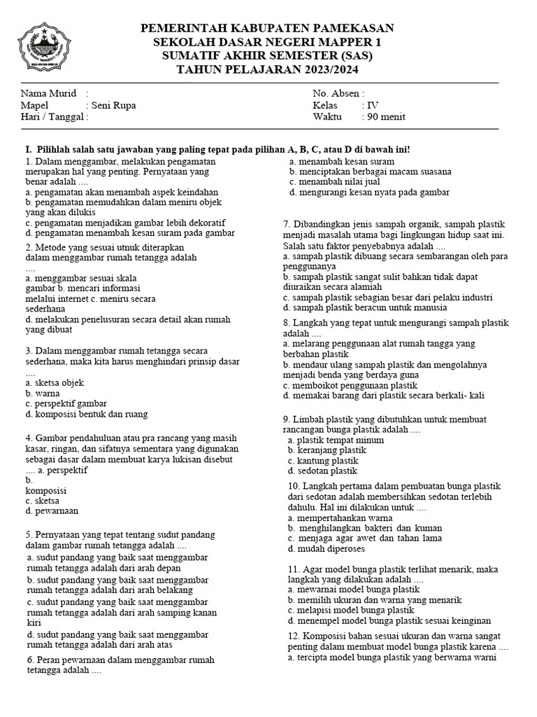 Soal Sas 1 Seni Rupa Kelas 4 Pdf