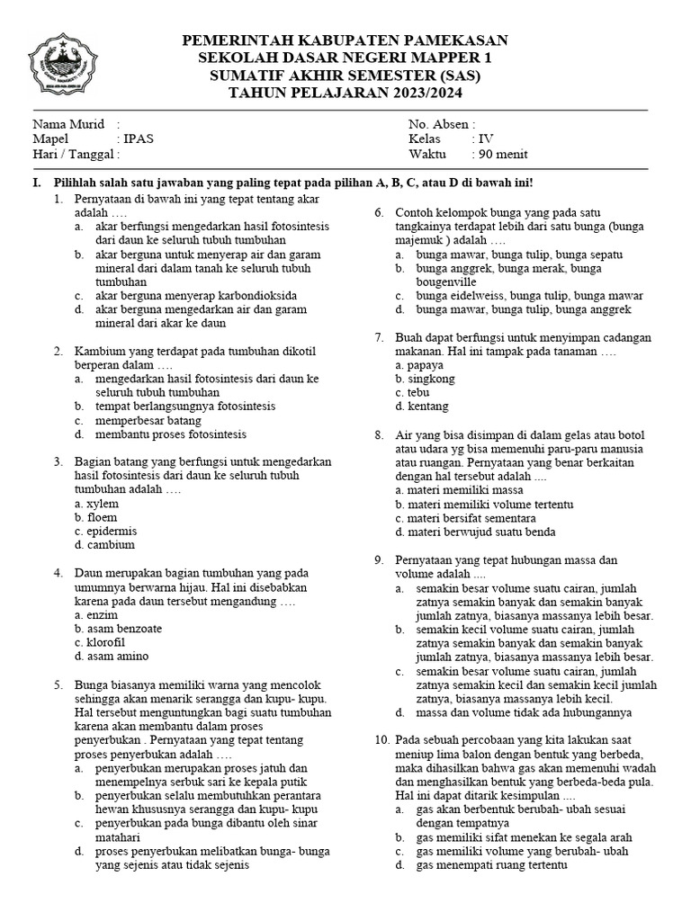 Soal Sas 1 Ipas Kelas 4 | PDF | Griya & Taman