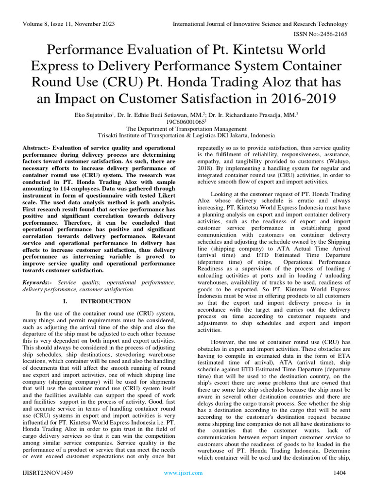 Performance Evaluation of Pt. Kintetsu World Express To Delivery Performance System Container ...