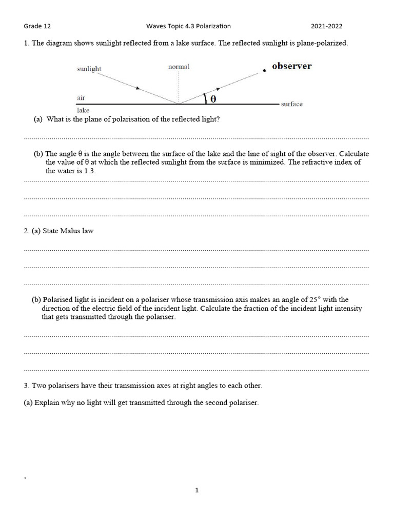 Grade 12 Waves Topic 4.3 Polarization 2021-2022 | PDF | Light ...