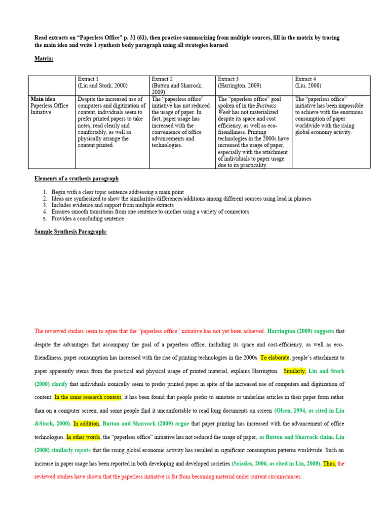 Paperless Offices 1 Synthesis Body Paragraph With Matrix | PDF | Paragraph